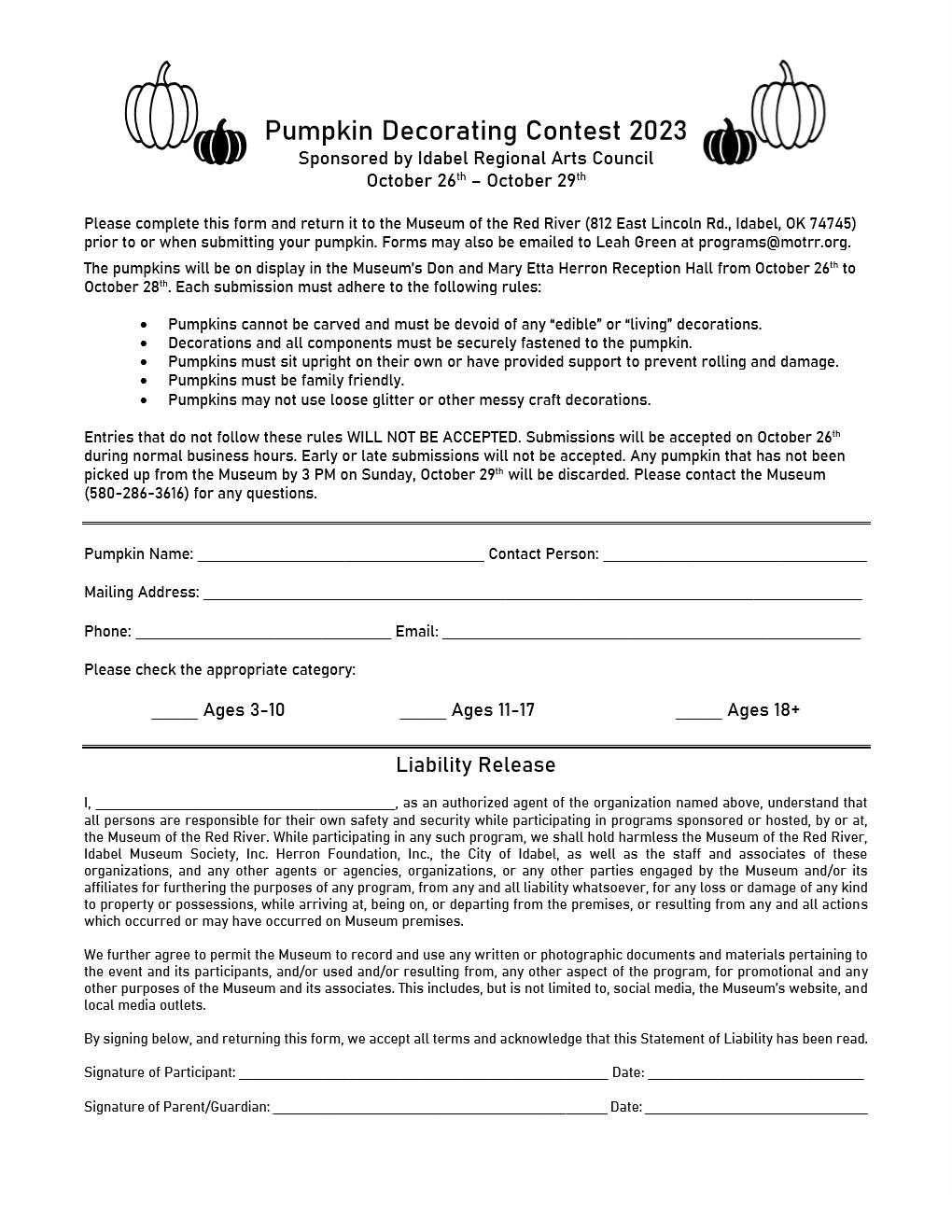Pumpkin Contest Entry Form and Rules – Museum of the Red River
