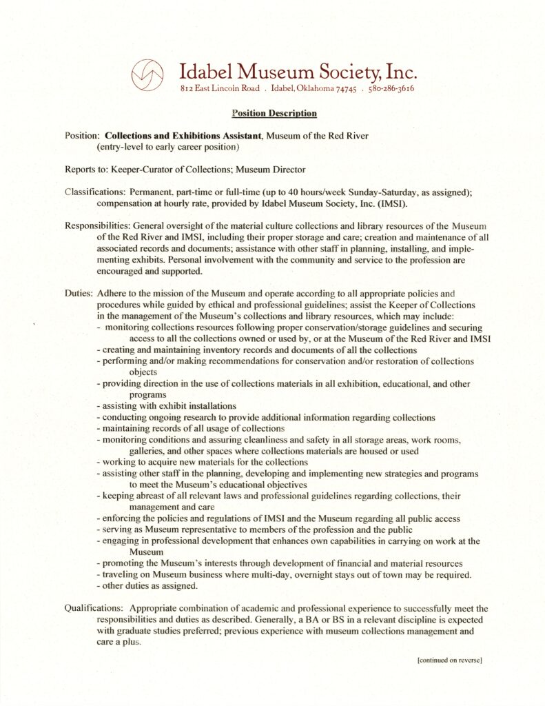 Collections and Exhibitions Assistant – Museum of the Red River