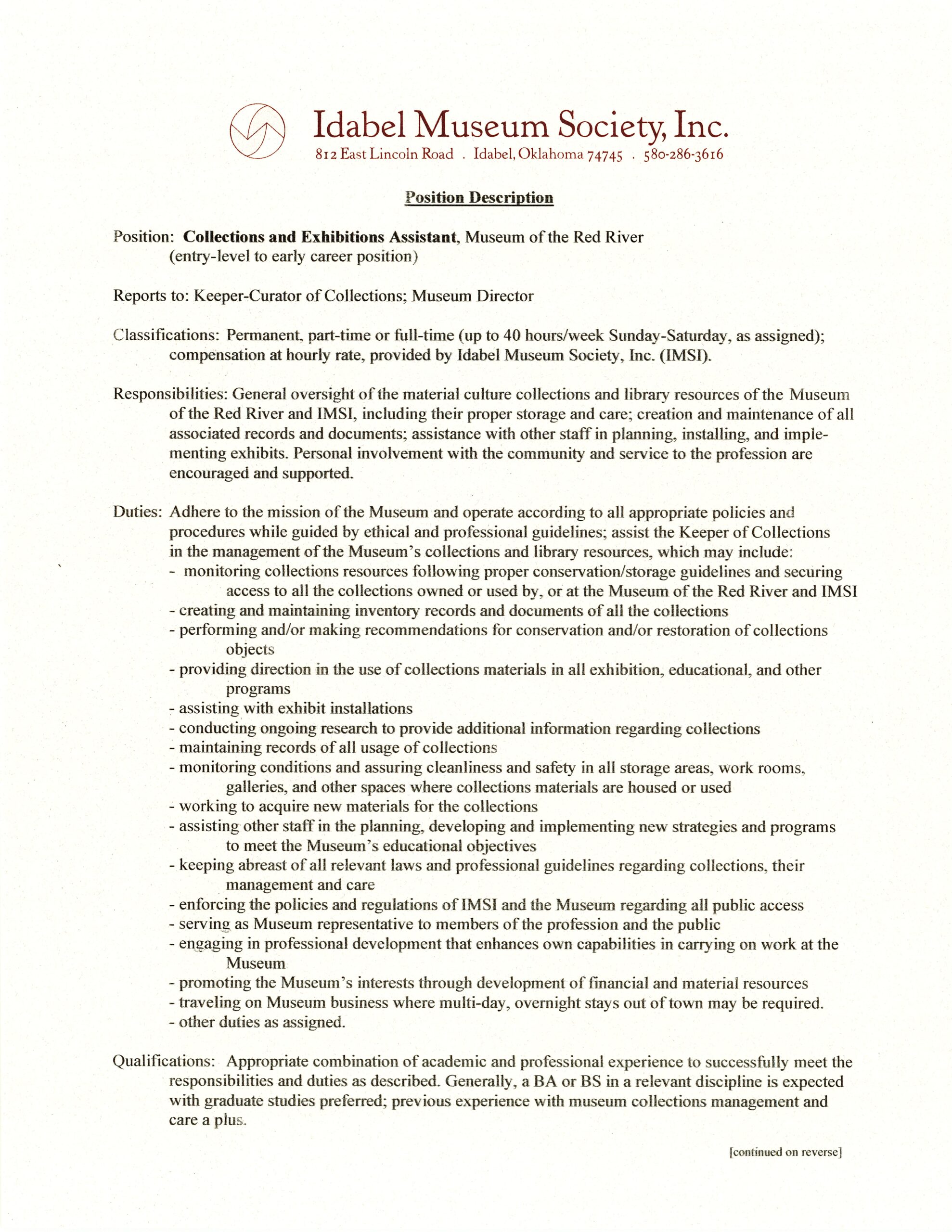 Collections and Exhibitions Assistant – Museum of the Red River